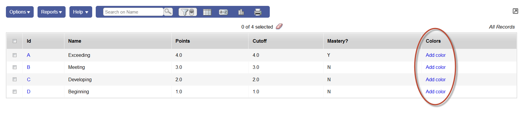 View rubric ratings scales in the Gradebook